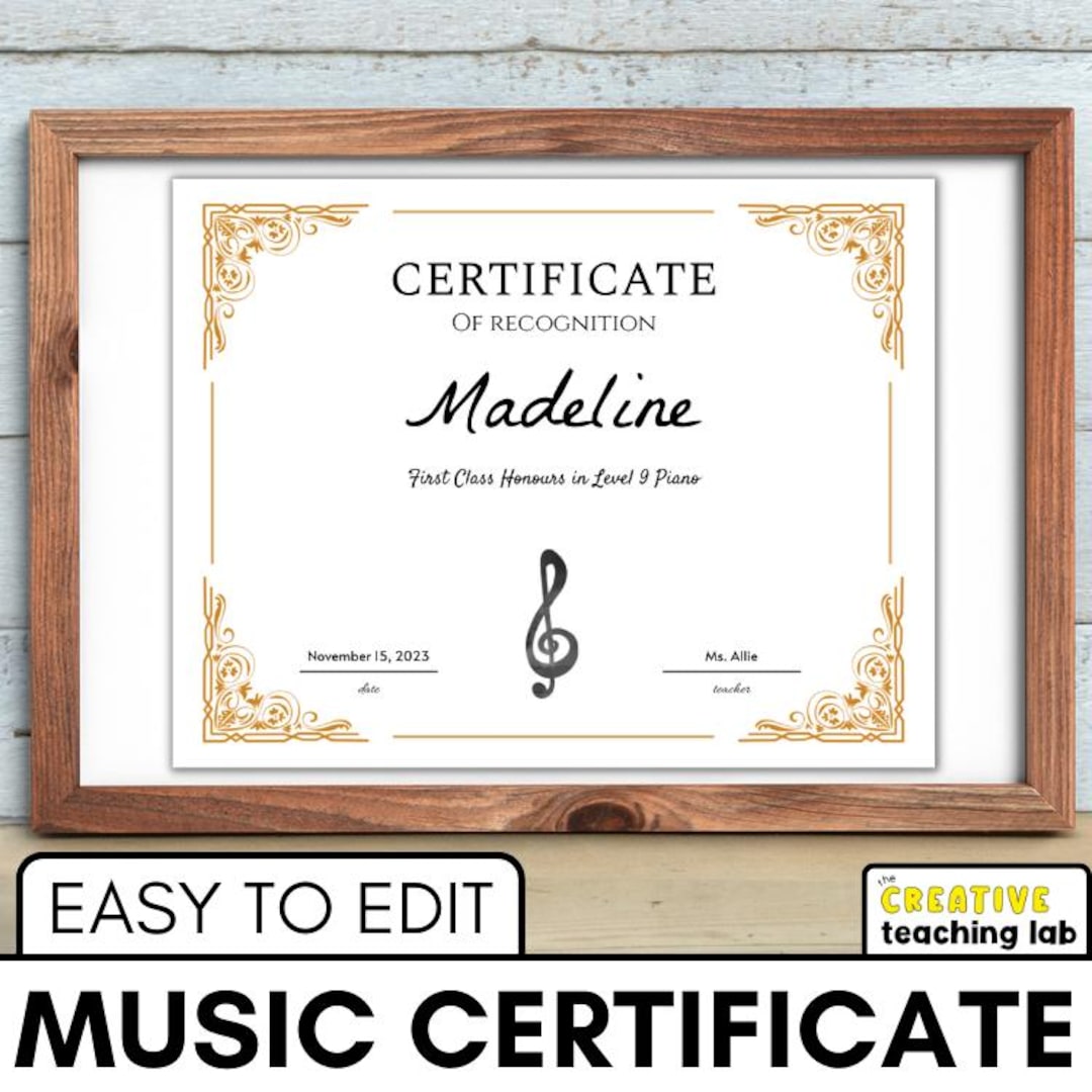 Editable Music Recital Certificate Template | Printable Music Award for ...