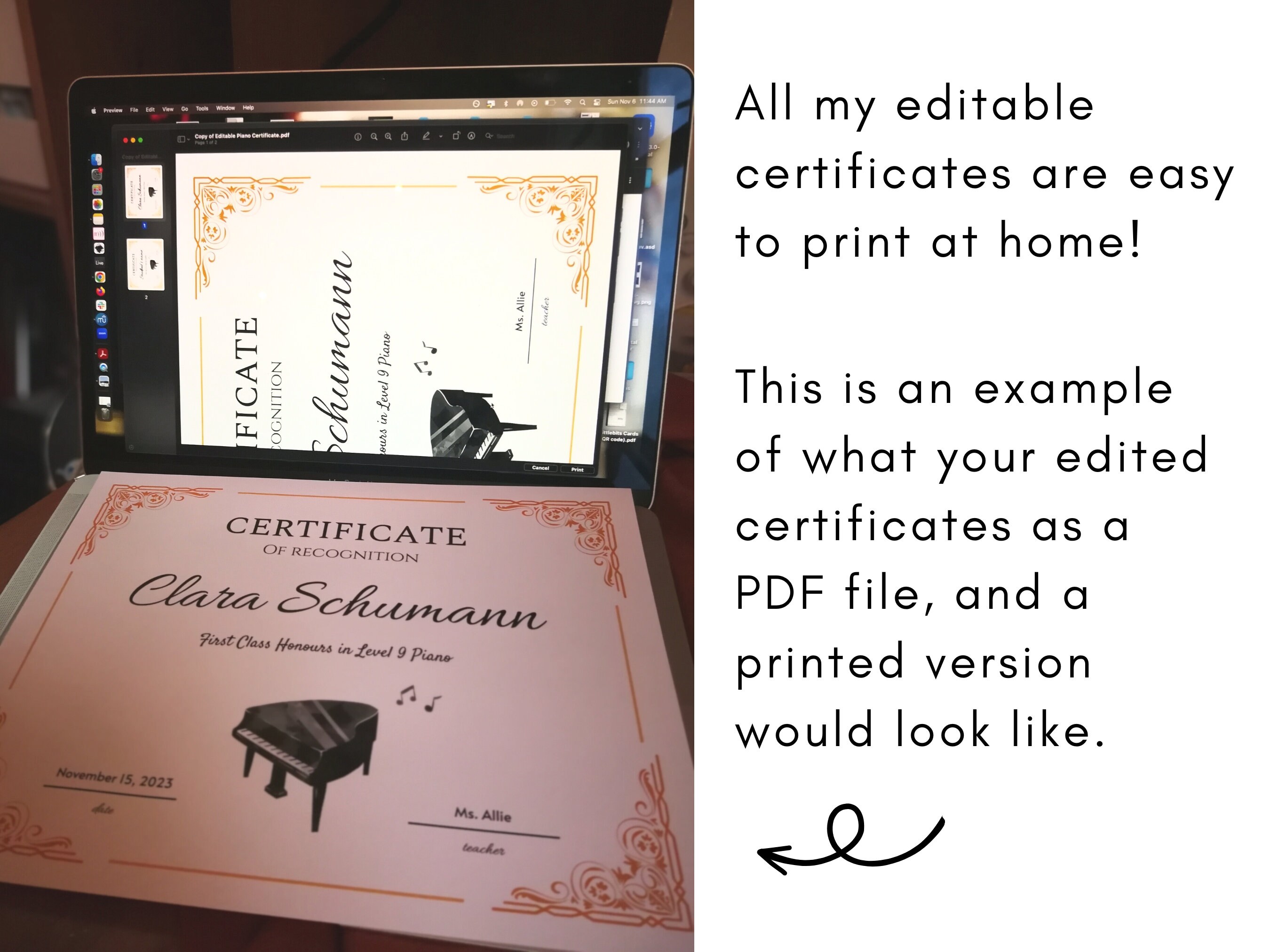 EDITABLE Piano Music Concert Recital Certificate Template - DIY 8.5 X ...