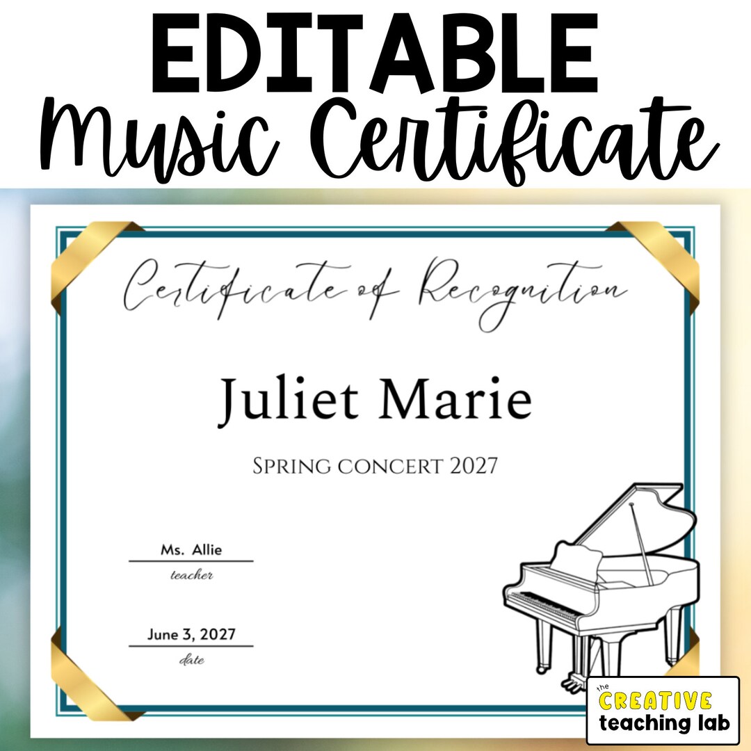 Music Recital Certificate EDITABLE Template for Piano Recital Music ...