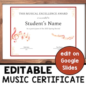 EDITABLE Piano Music Concert Recital Certificate Template - DIY 8.5 X ...