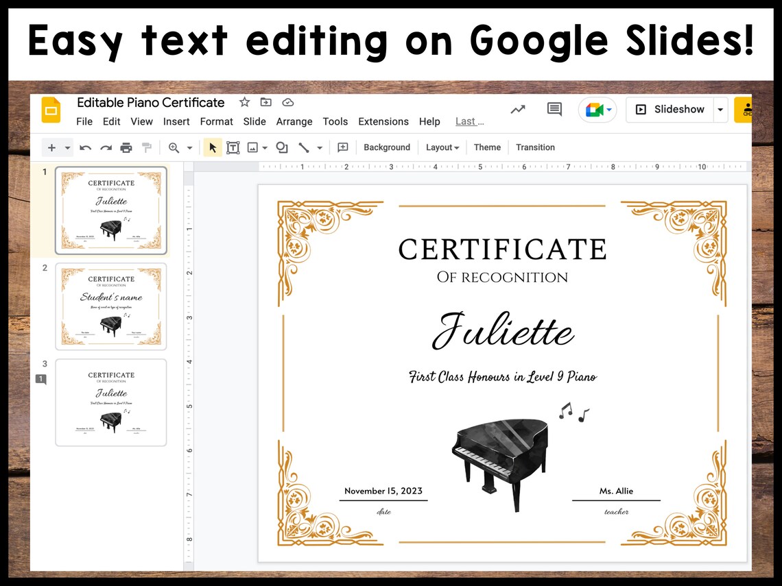 Music Recital Certificate EDITABLE Template for Piano Recital Music ...