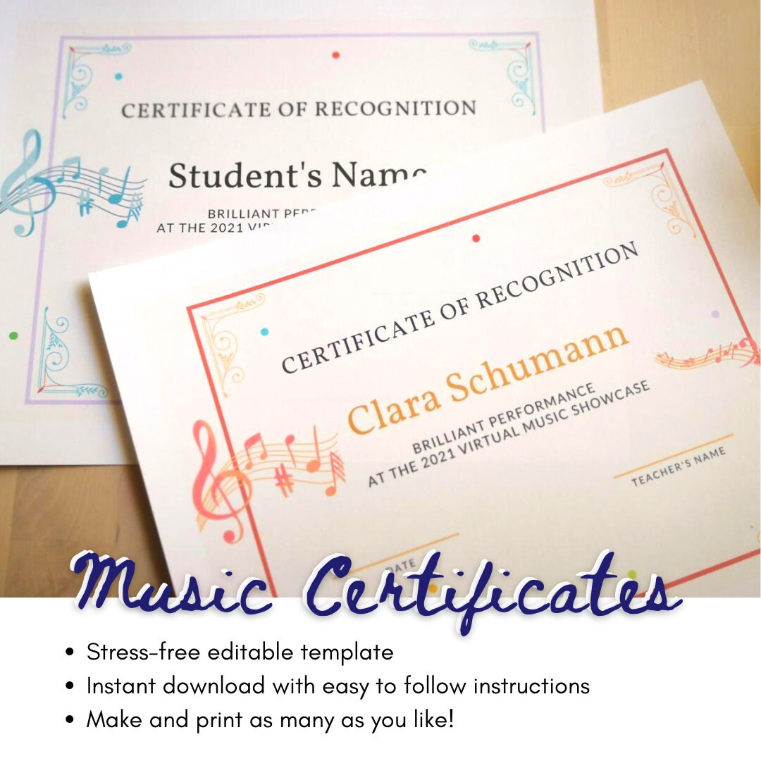 EDITABLE Piano Music Concert Recital Certificate Template - DIY 8.5 X ...