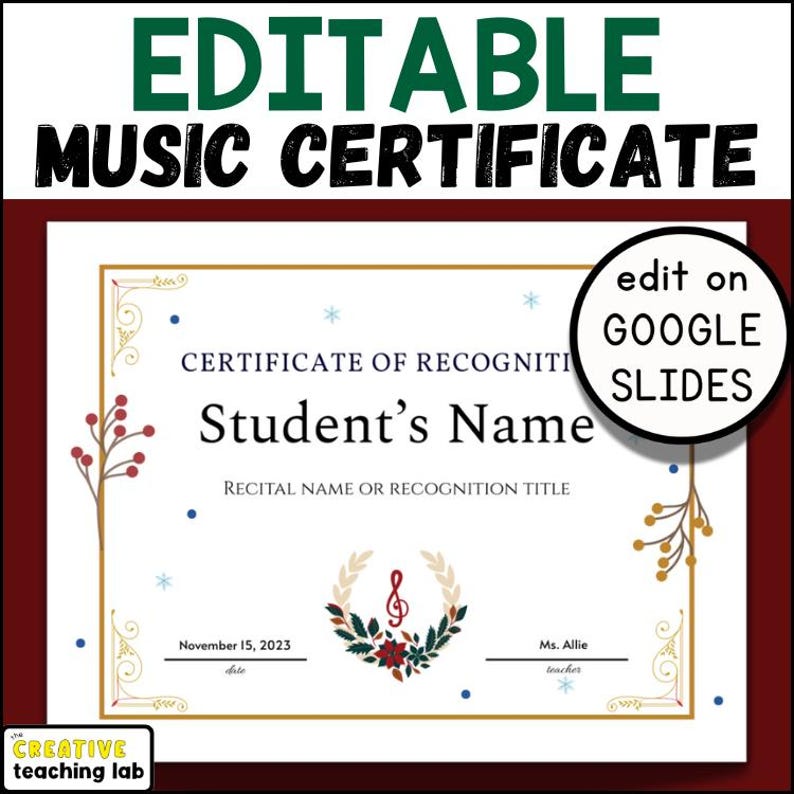 EDITABLE on Google Slides: Piano Music Winter Recital Certificate Gold ...