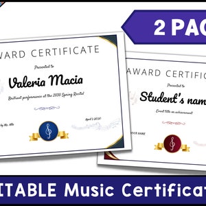 2 Pack Gold Editable Music Certificate for Piano, Band, Choir, Violin ...