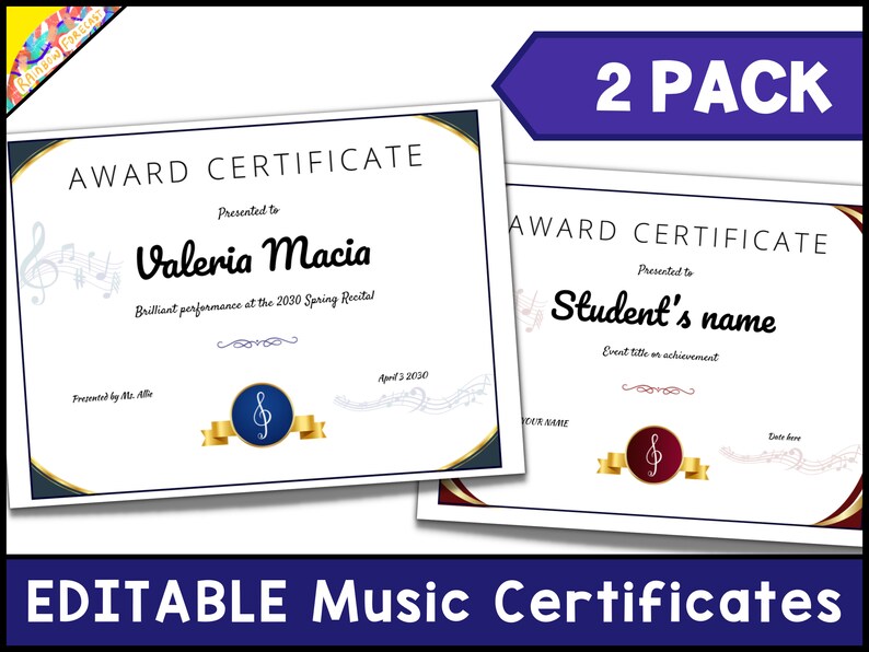2 Pack Gold Editable Music Certificate for Piano, Band, Choir, Violin ...