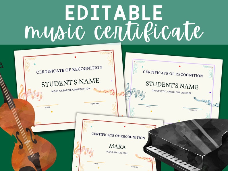 EDITABLE Piano Music Concert Recital Certificate Template - Etsy
