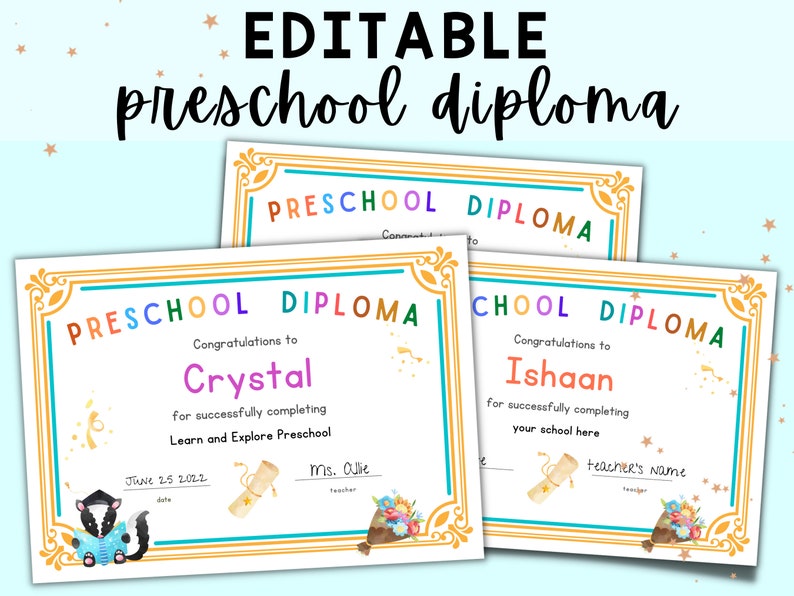 EDITABLE Preschool Diploma Certificate Template Printable - Etsy