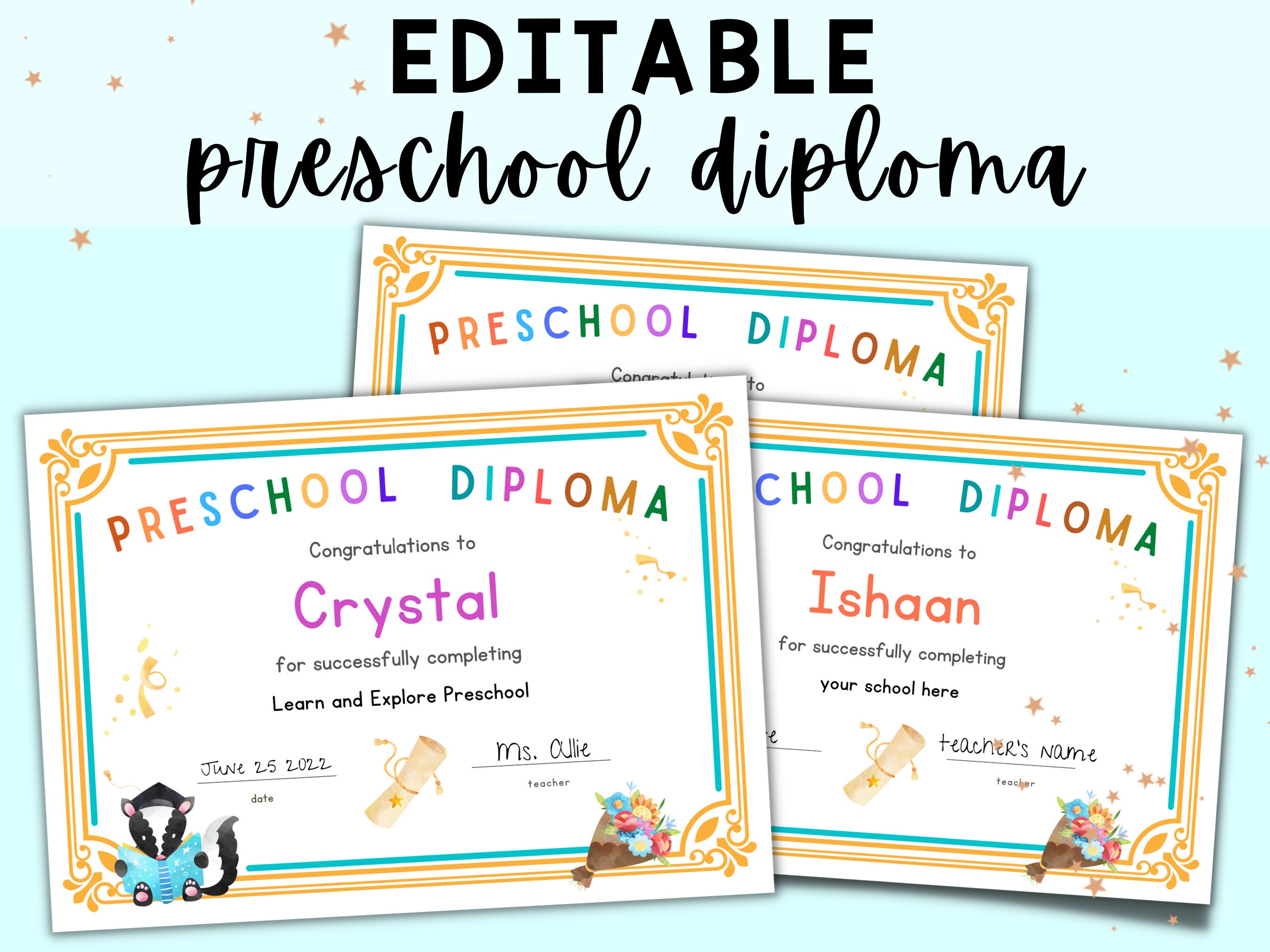 EDITABLE Preschool Diploma Certificate Template Printable - Etsy