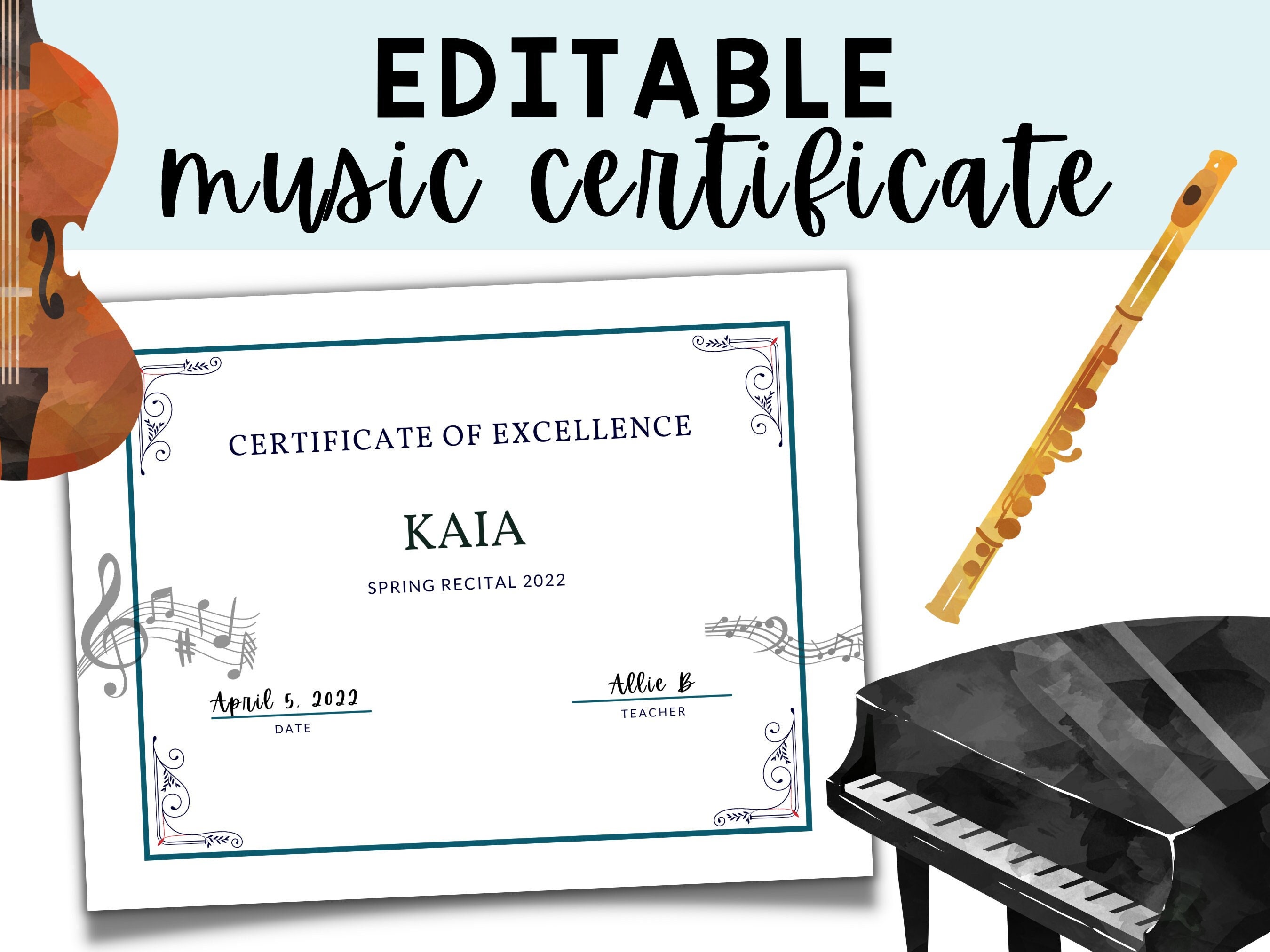 Music Recital Certificate EDITABLE Template for Piano Recital Music ...