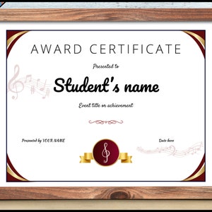 2 Pack Gold Editable Music Certificate for Piano, Band, Choir, Violin ...