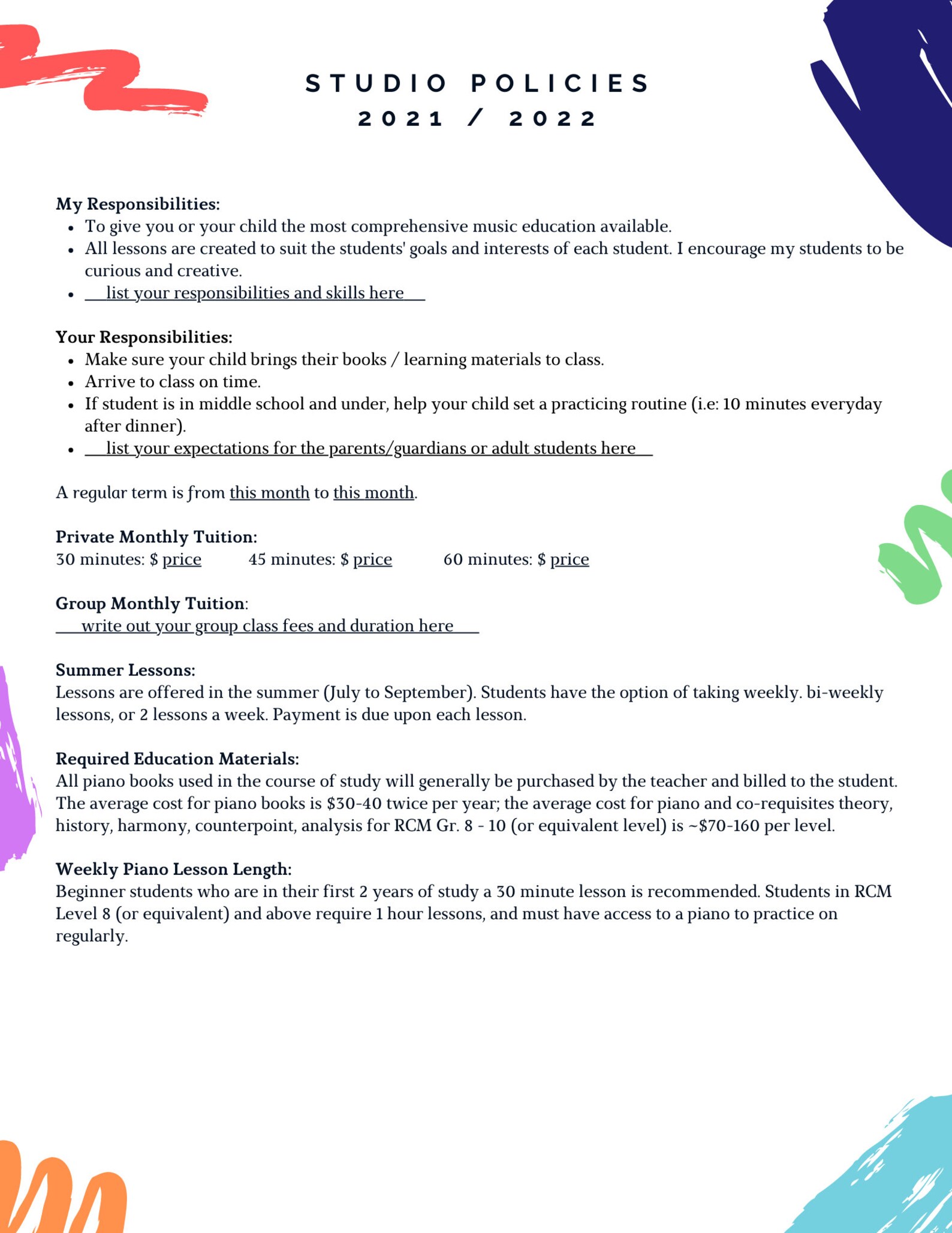 EDITABLE Music Studio Policy Template - Digital Printable - Etsy