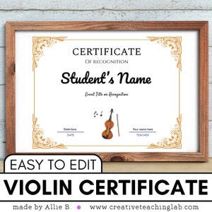 Music Recital Certificate EDITABLE Template for Violin Award Printable ...