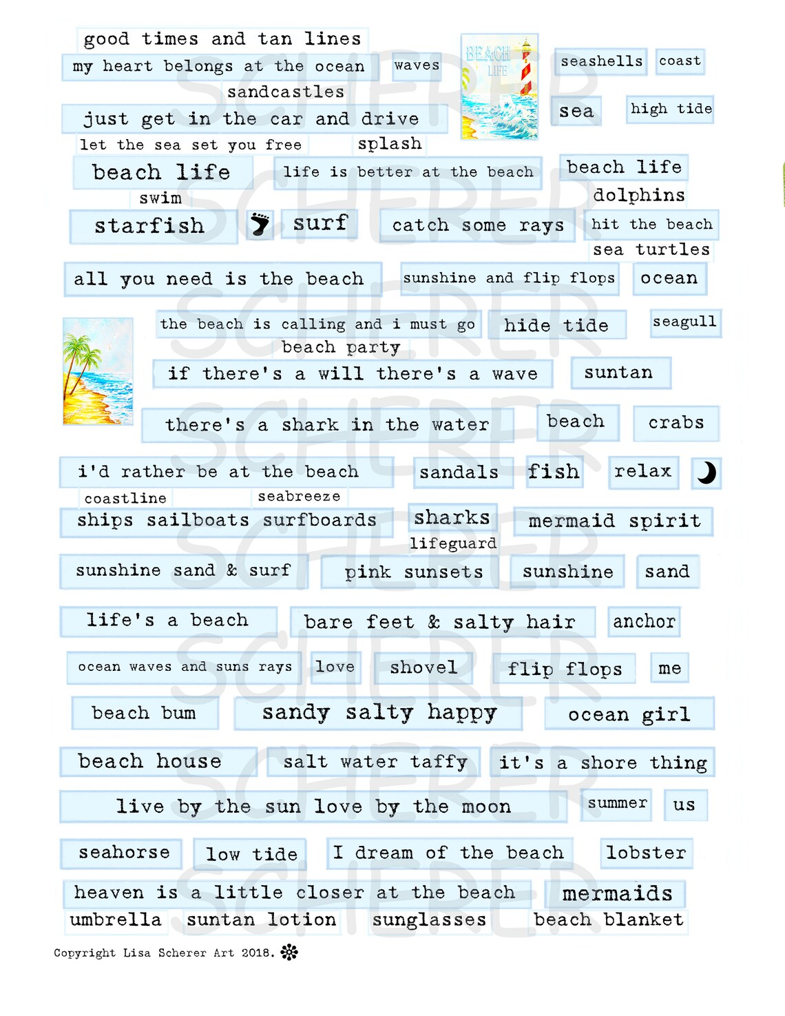 Immediate Printable Beach Seashore Ocean Art Words Mixed Media | Etsy