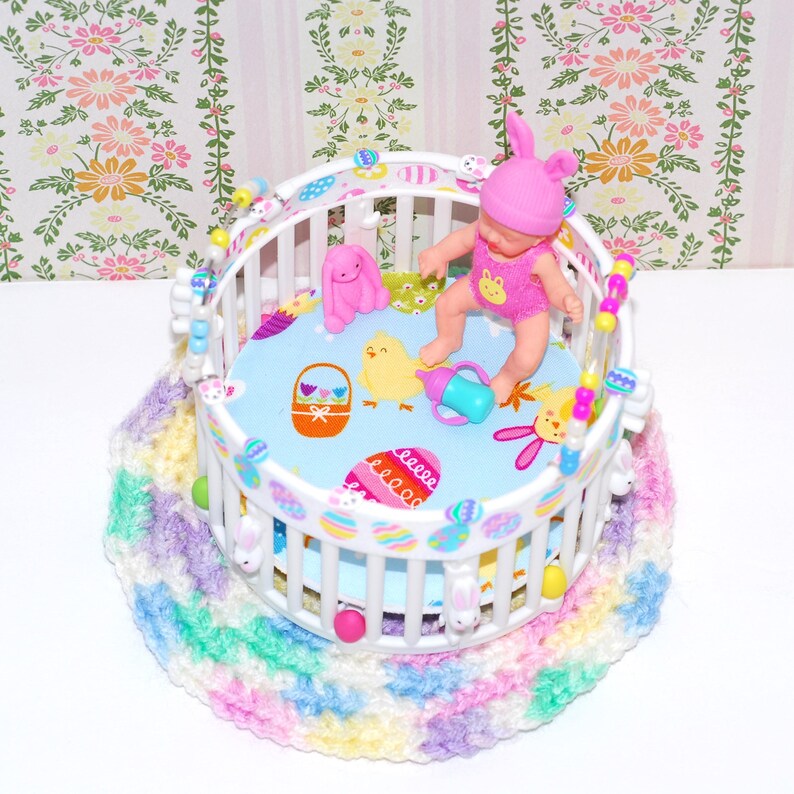Mini Easter Playpen With Baby Doll, Crochet Rug, Pillow and Blanket - Etsy
