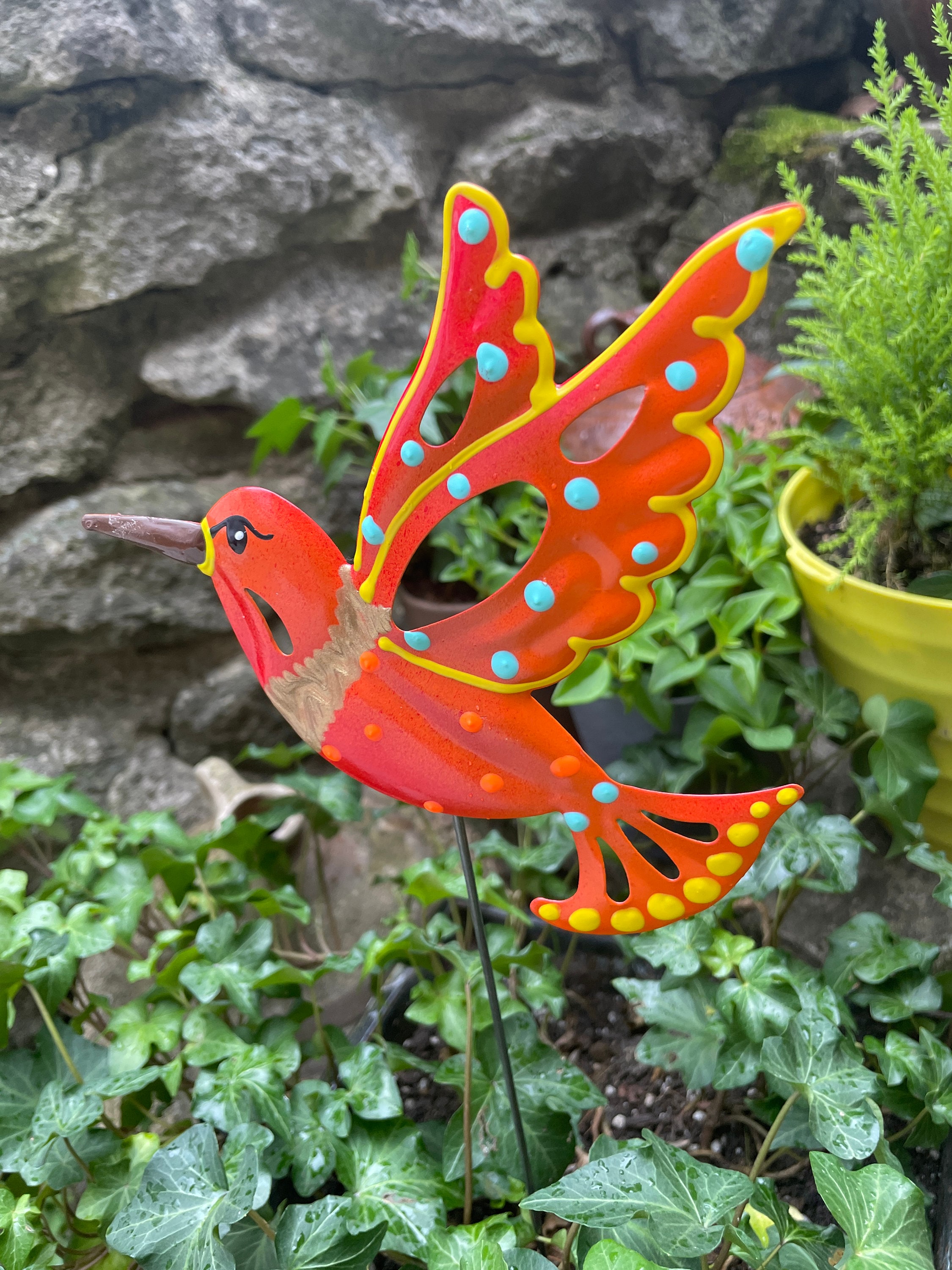 Orange Metal Hummingbird Garden Stake,Garden Decor, Garden Art,Garden ...