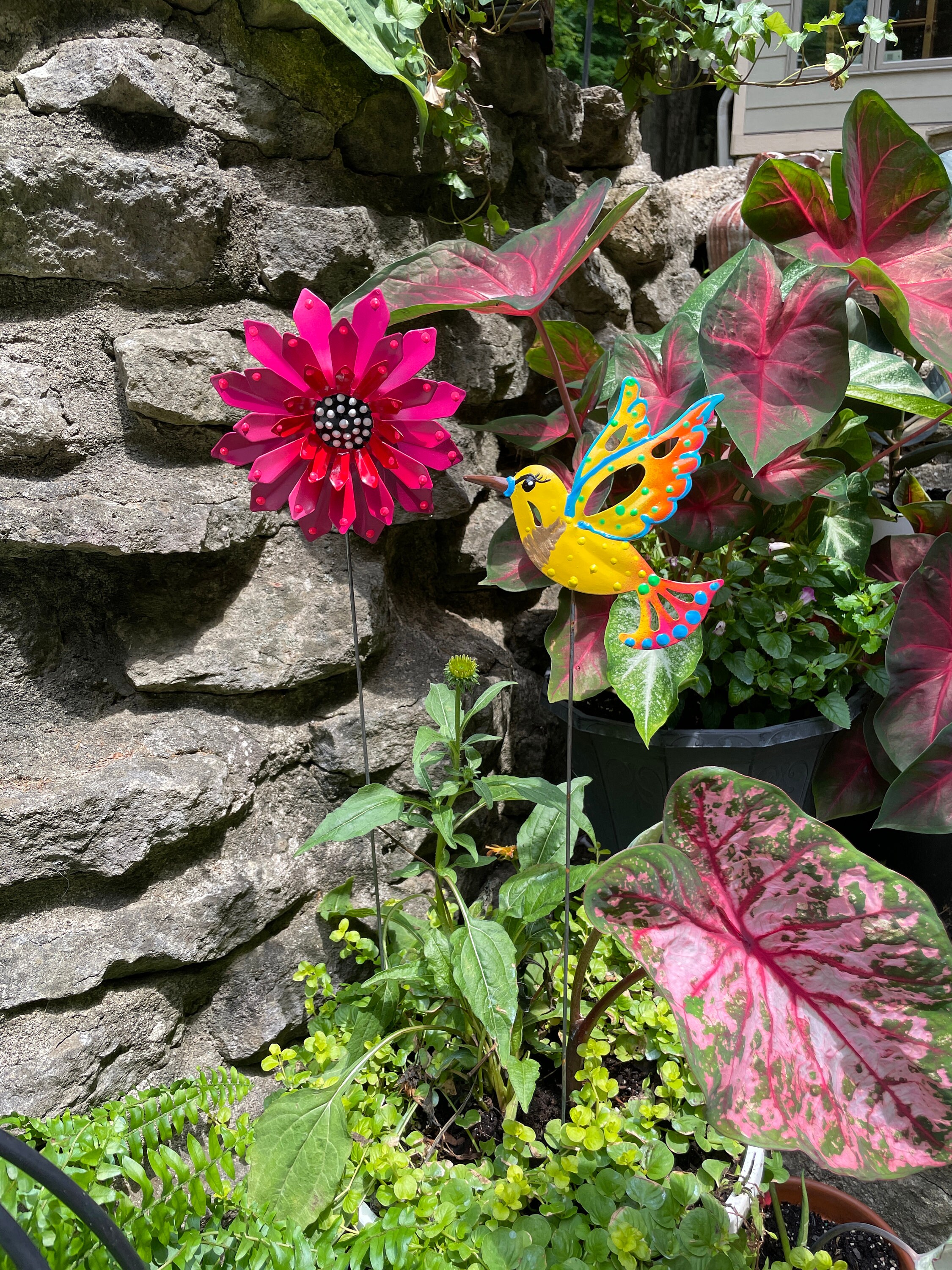 Hummingbird and Pink Flower Garden Stakes, Gift,Metal Yard Art,Garden ...