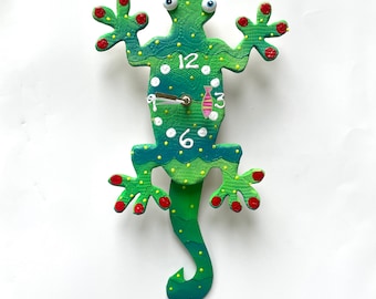 Whimsical Gecko Wall Clock With Pendulum, Ceramic Lizard Clock, Unique ...