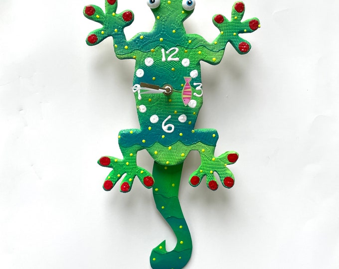 Whimsical Gecko Wall Clock With Pendulum, Ceramic Lizard Clock, Unique ...