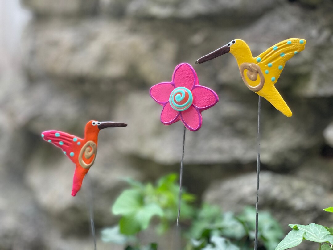 Set of Three Hummingbird and Flower Garden Stakes,humming Bird Garden ...