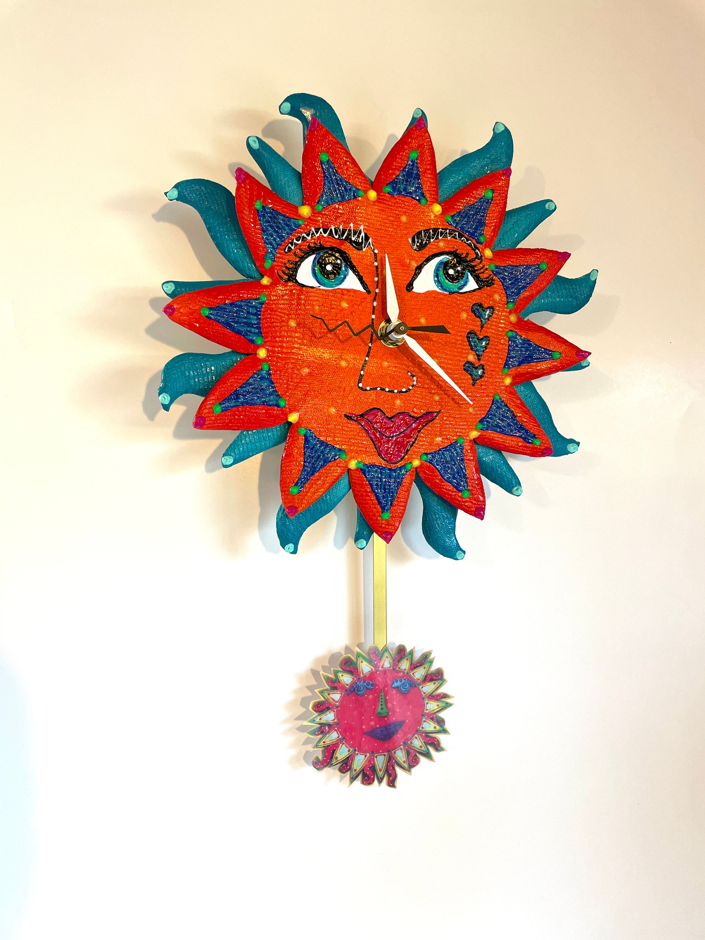Here Comes The Sun Clock, Wall Clock with Pendulum,Whimsical Sunshine ...