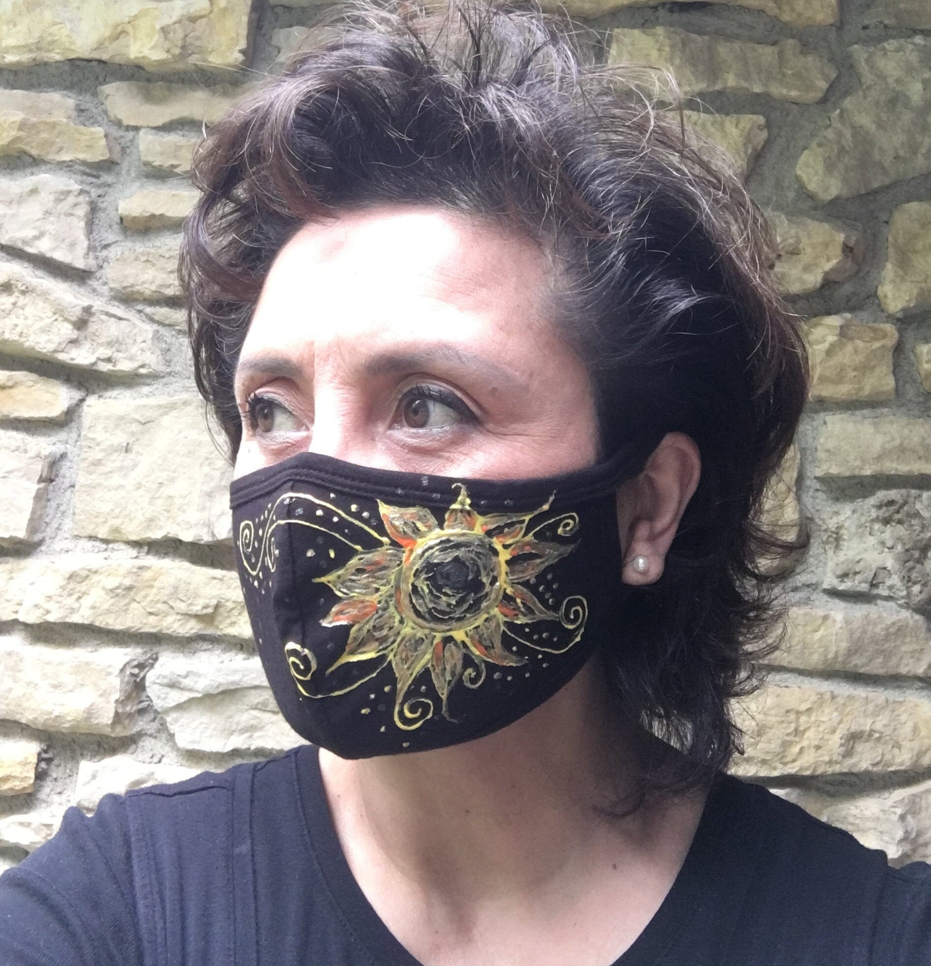 Sun Flower Face Masks ,Hand Painted Black Mask-Cotton Face Mask ...