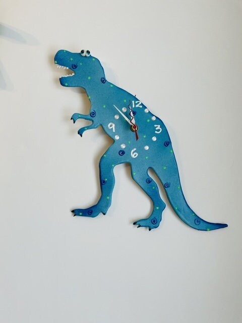 Whimsical Dinosaur Clock, Colorful Handmade Clay Dinosaur,Wall Clock ...