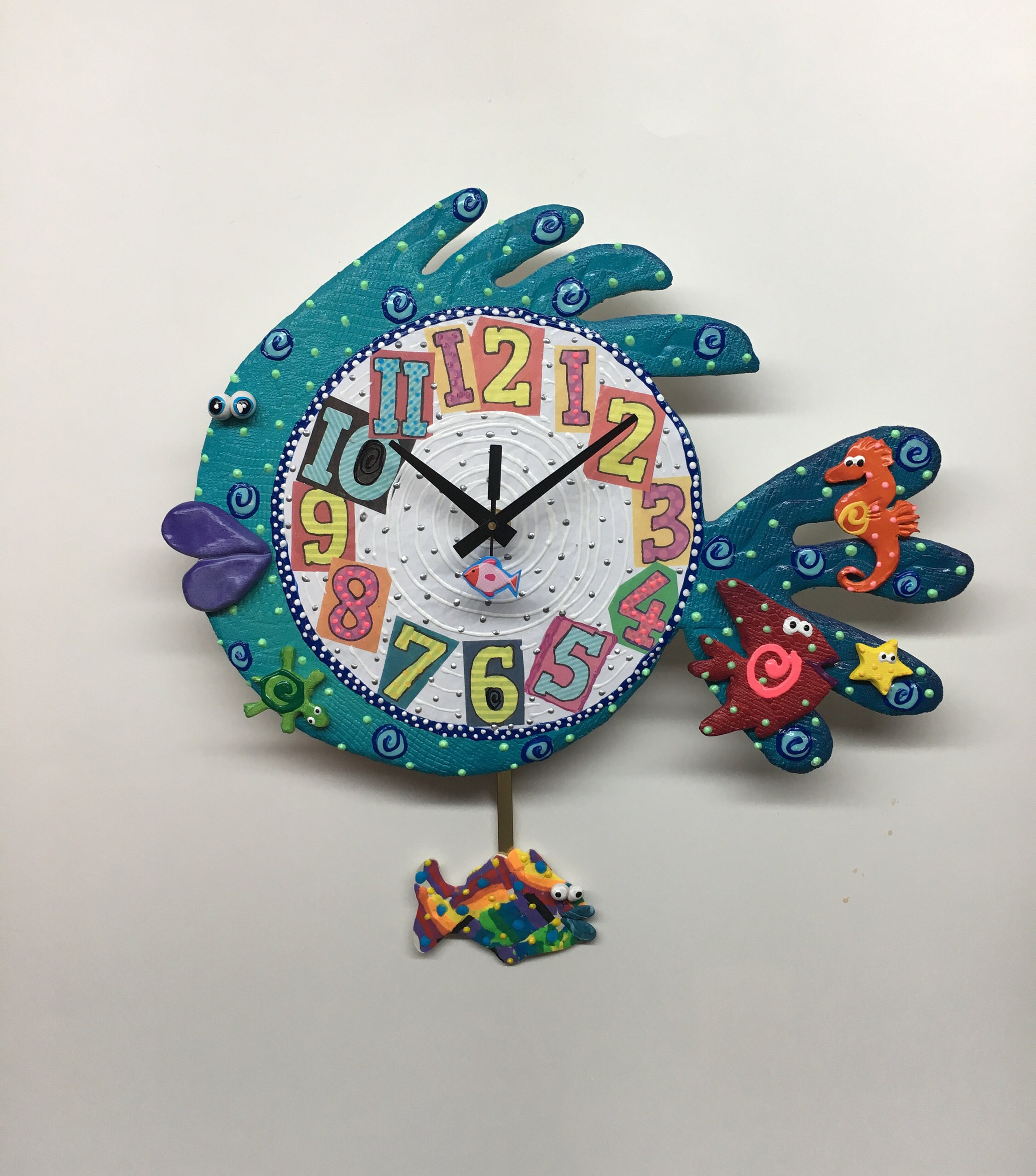 Kids Wall Clock,Fish Wall Clock with Pendulum,Unique Clock,Handmade ...