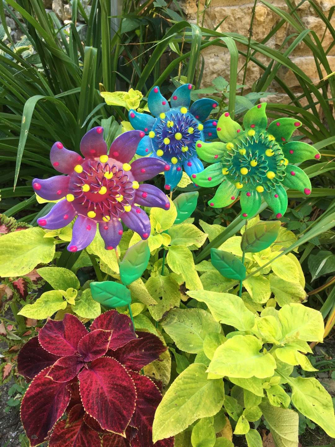 Metal Wild Flower Garden Decor, Metal Sculpture Set of 3, 24'' Tall ...