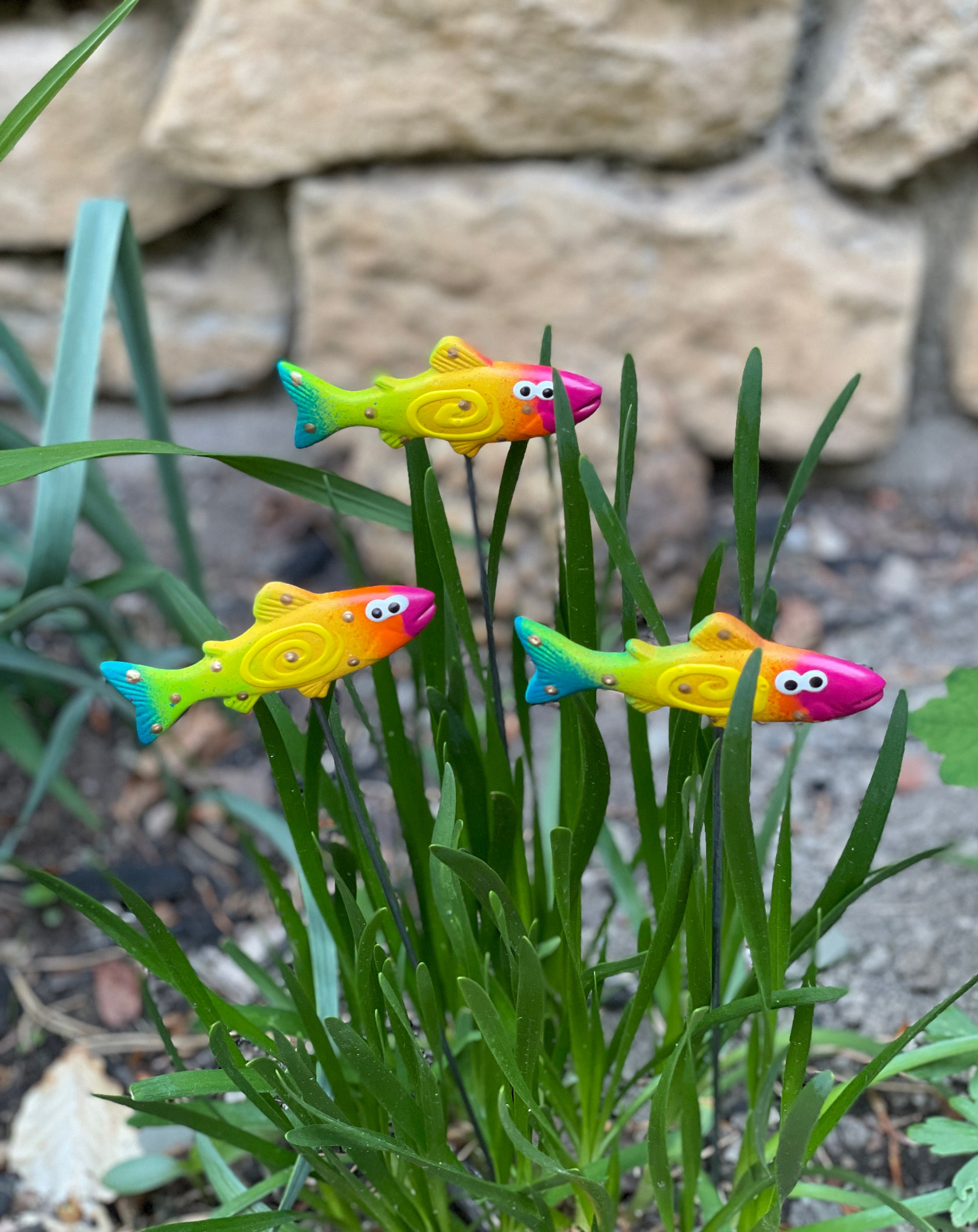 3 Rainbow Trout Mini Fish Garden Stakes, Garden Stakes,Potted plants ...