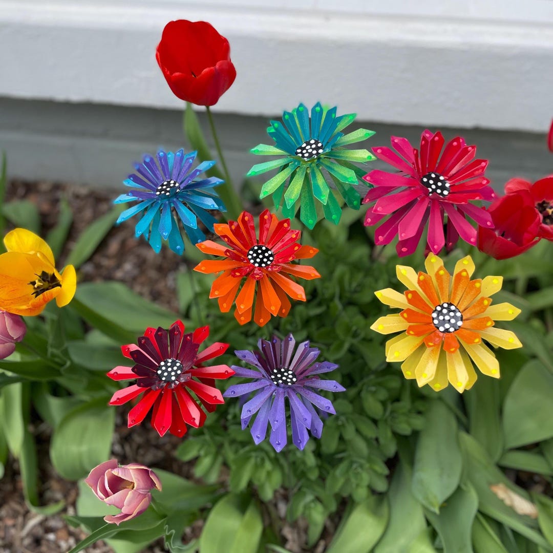 Metal Flower Garden Stakes,set of Seven, Metal Garden Stakes, Yard ...