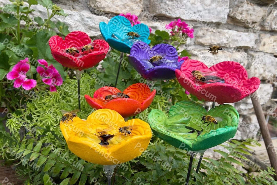 Handcrafted Ceramic Flower Bee Puddler, Garden Art, Insect Watering ...