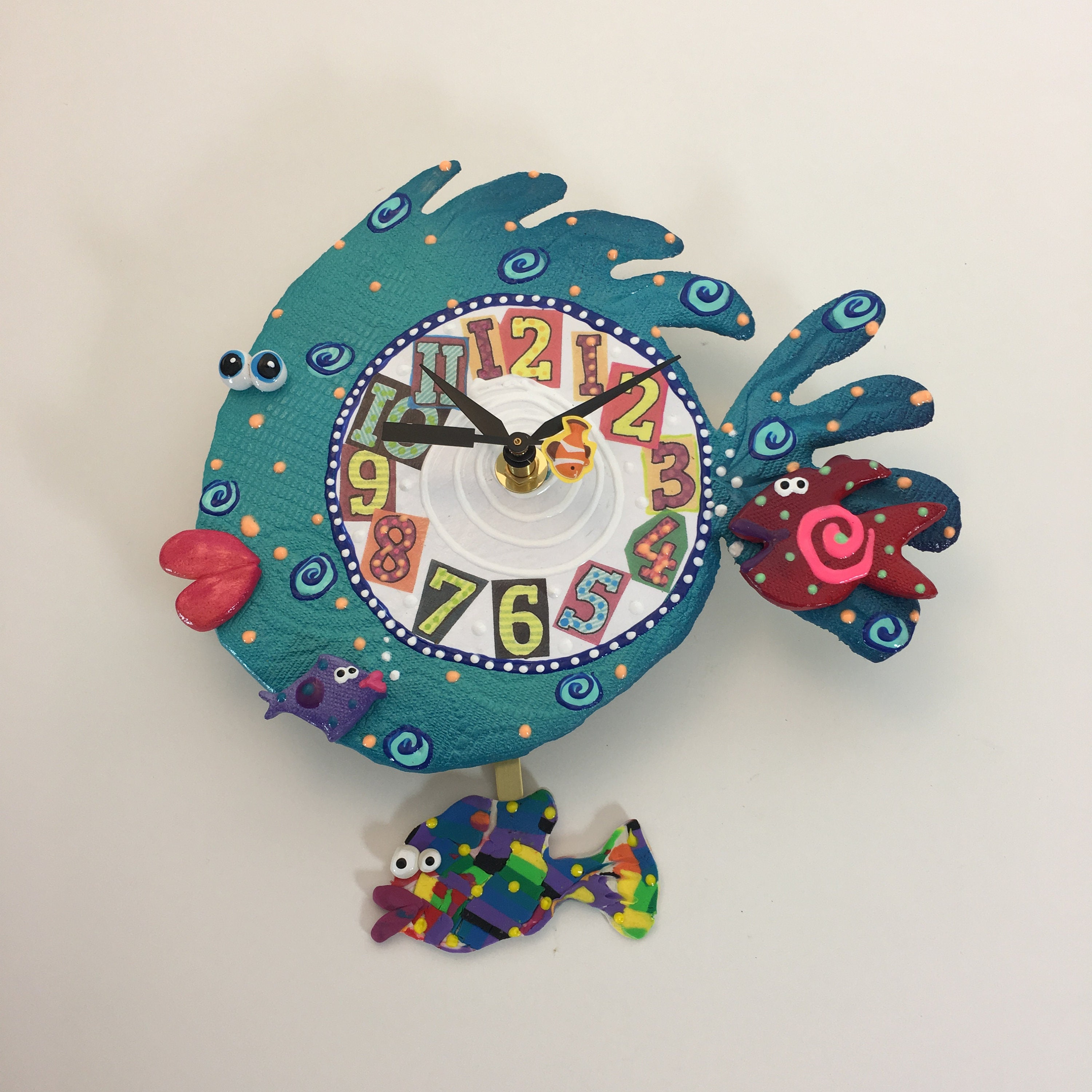 Kids Wall Clock,Fish Wall Clock with Pendulum,Unique Clock,Handmade ...