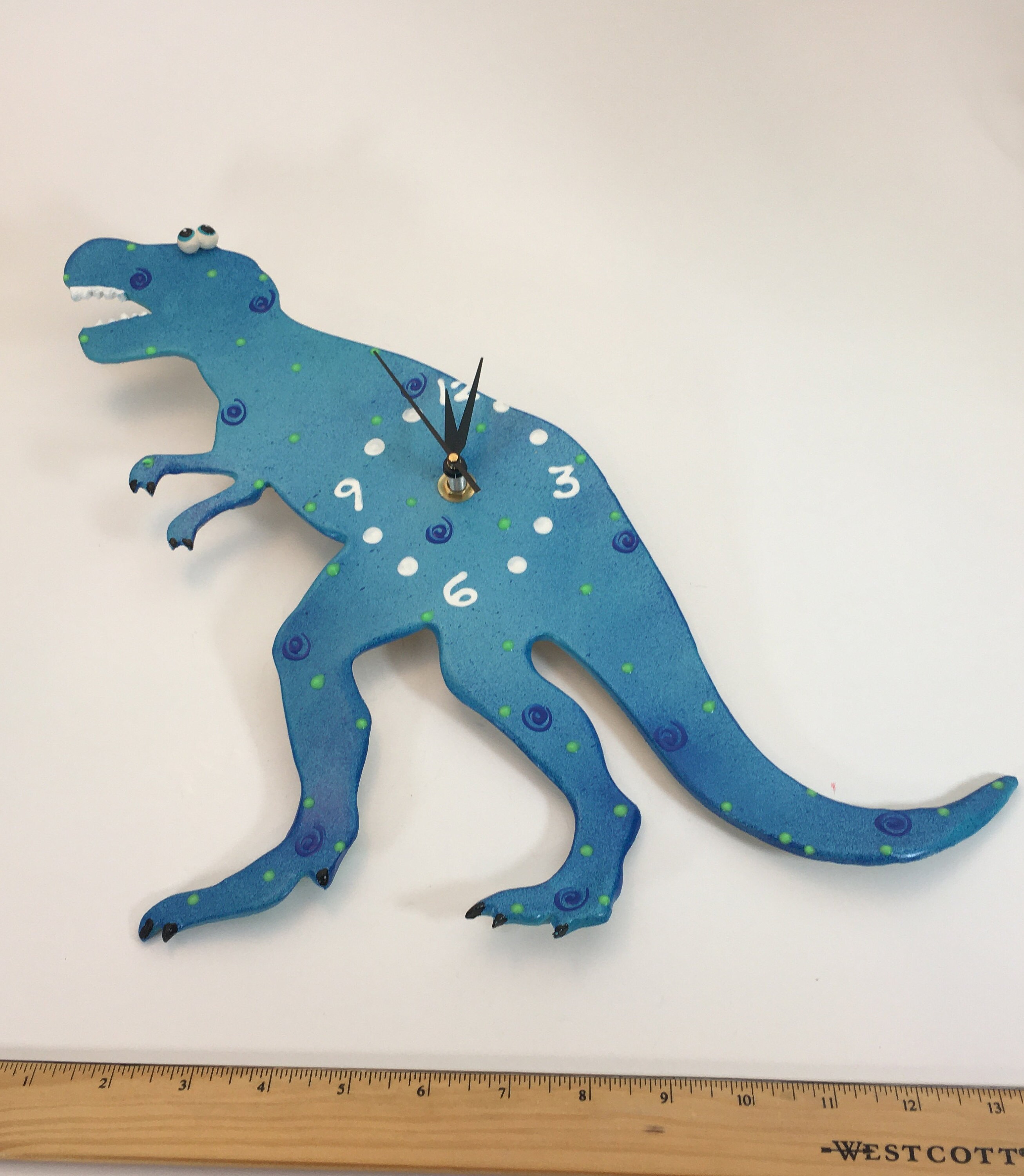 Whimsical Dinosaur Clock, Colorful Handmade Clay Dinosaur