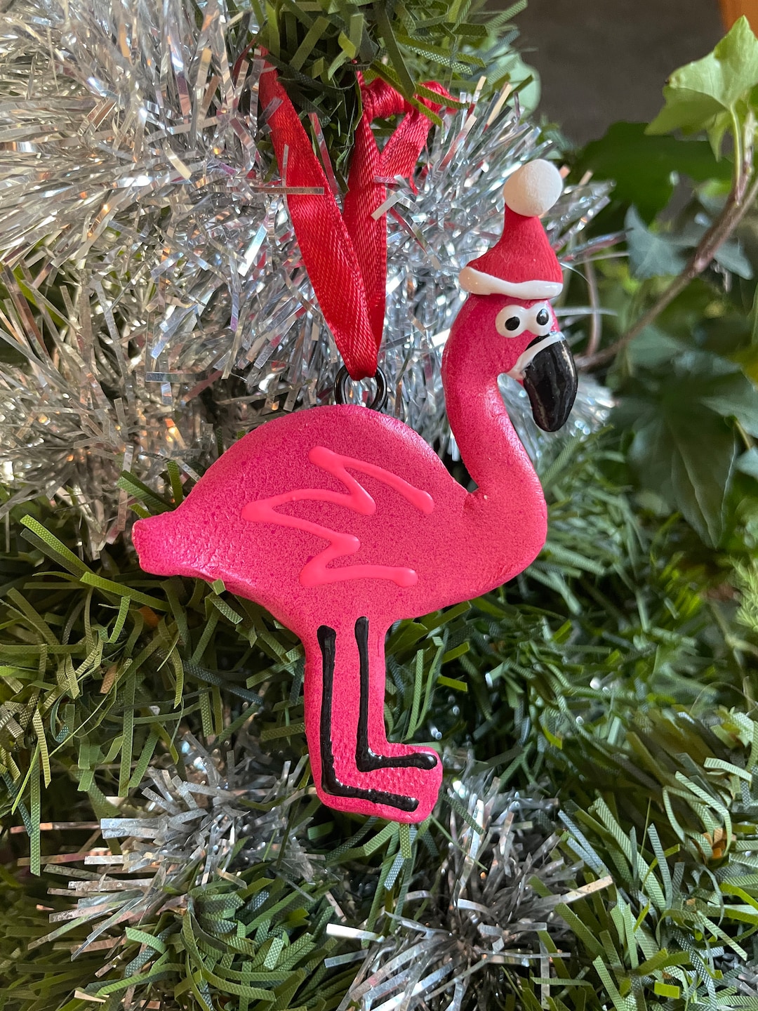 Pink Flamingo Ornament Flamingo With Santa Hat Holiday Gift Christmas ...