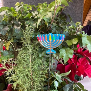 Menorah Garden Stake Plant Decoration Gift Decor Holiday Potted Plant Decor Rainbow Hanukkah ...