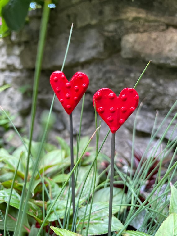 Set of Two Mini 1 Inch Red Heart Garden Stakeslover's - Etsy