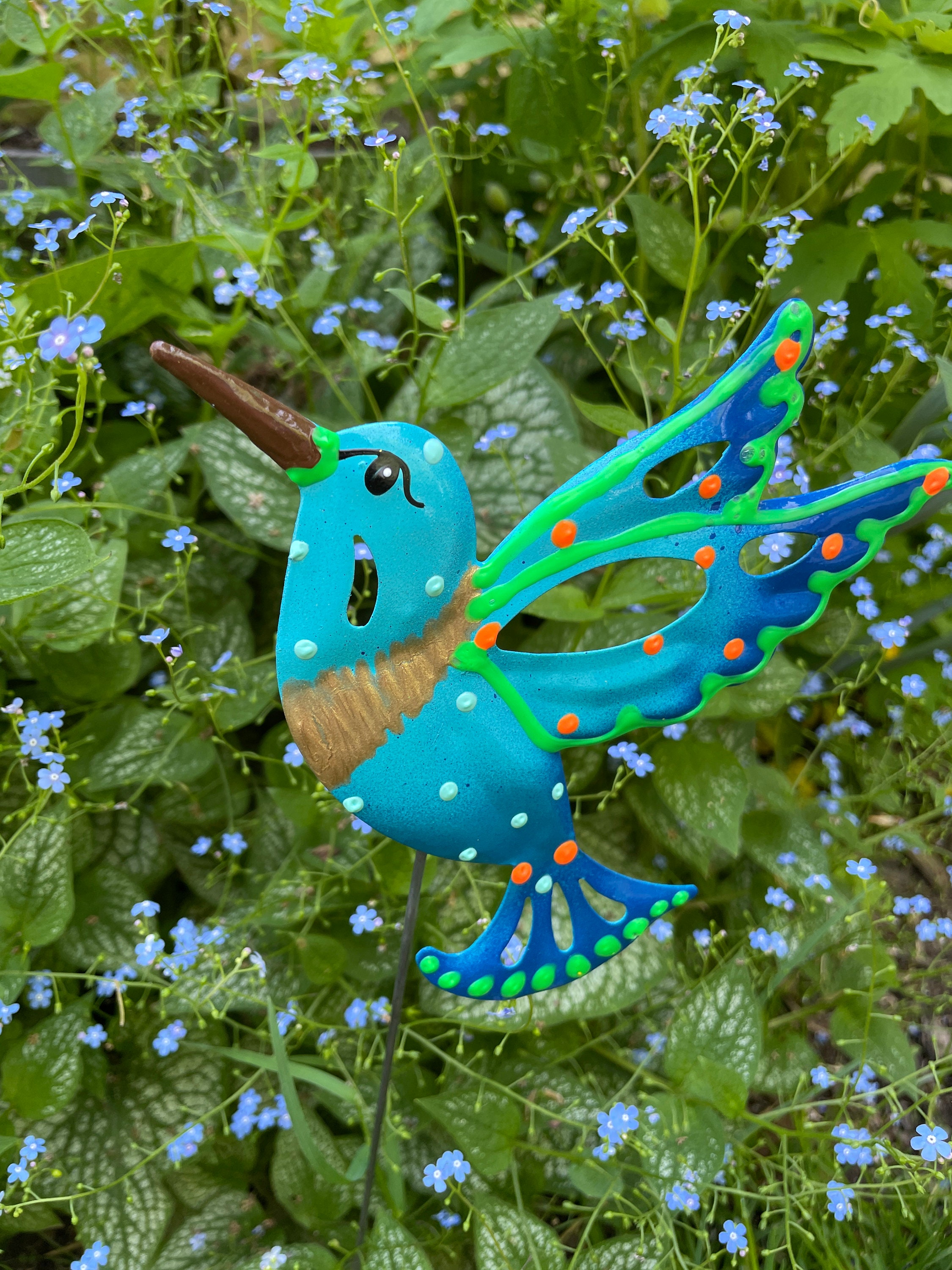 Blue Metal Hummingbird Garden Stake,Garden Decor, Garden Art,Garden ...