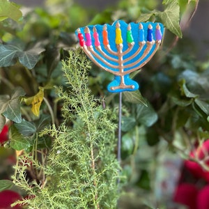 Menorah Garden Stake Plant Decoration Gift Decor Holiday Potted Plant Decor Rainbow Hanukkah ...