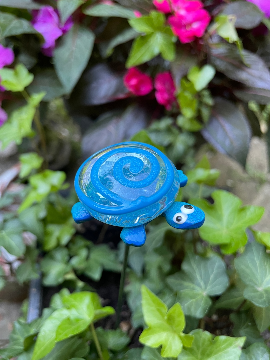Blue Sea Turtle Garden Stake Mini Glass Turtle Garden Stake Potted ...
