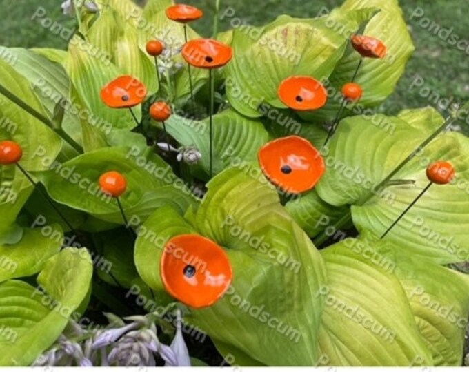 Unique Orange Whimsical Garden Sculpture 14pcs/ Ceramic Floral Art ...