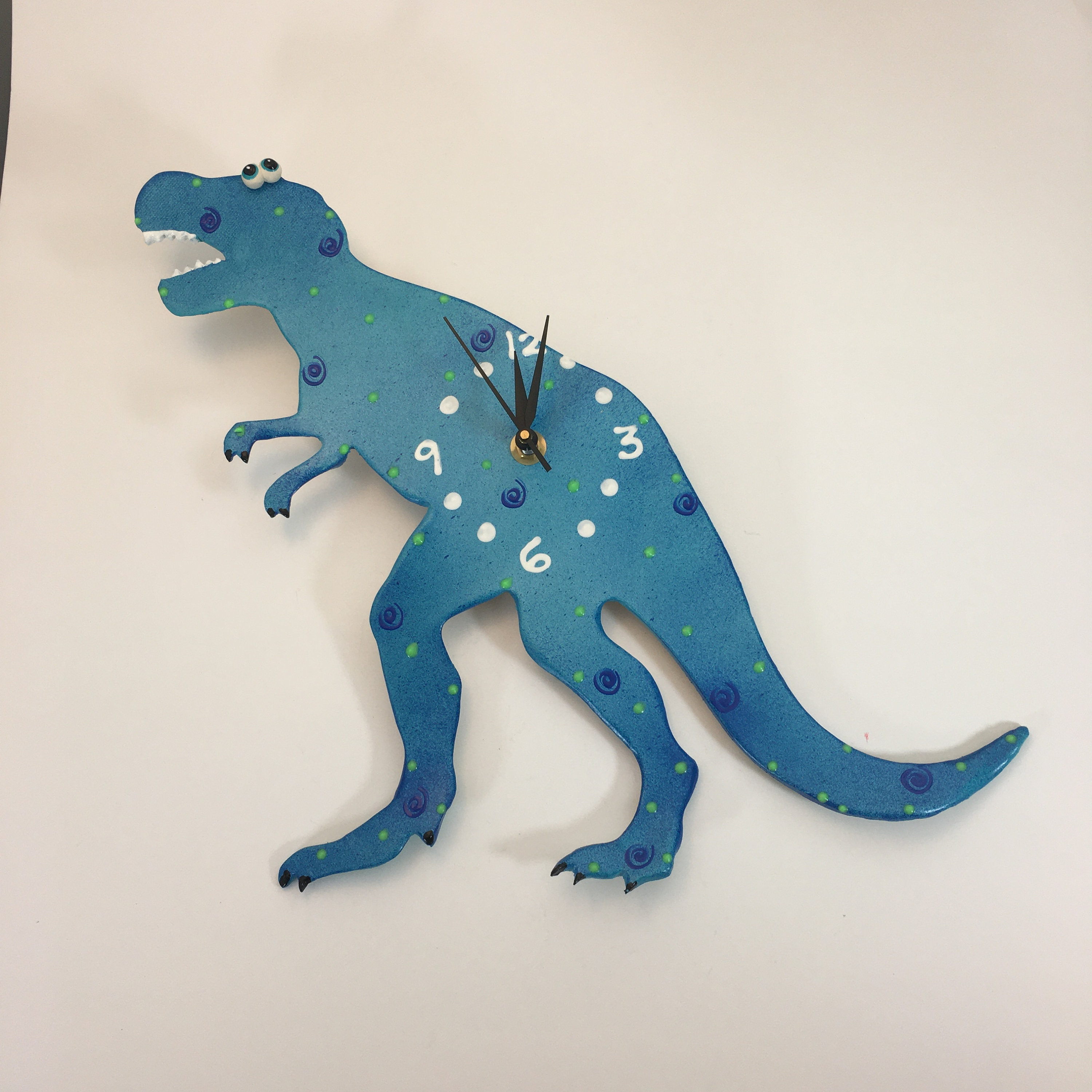 Whimsical Dinosaur Clock, Colorful Handmade Clay Dinosaur