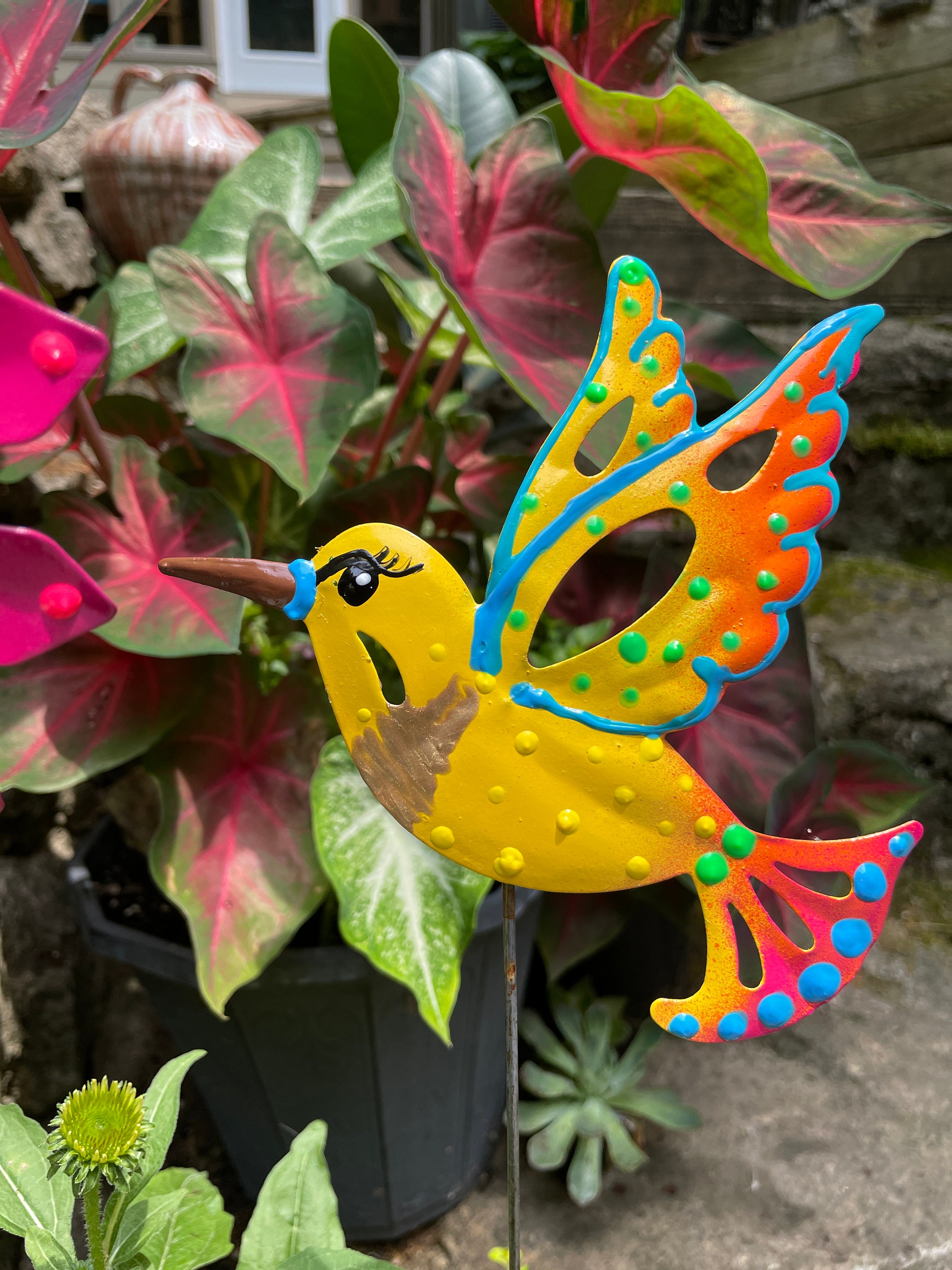 Hummingbird and Pink Flower Garden Stakes, Gift,Metal Yard Art,Garden ...