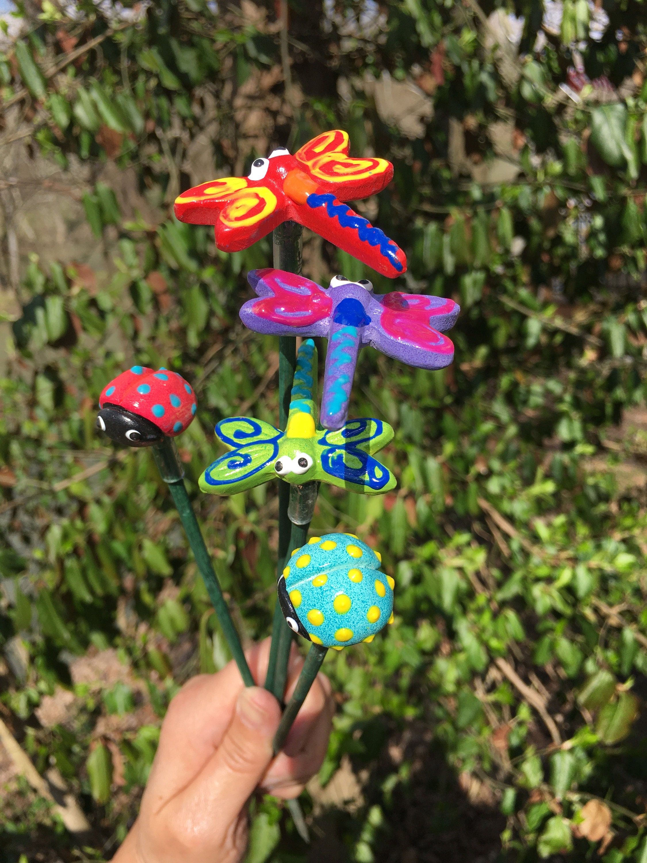 5 Ceramic Garden bug Stakes,3 dragonflies and 2 garden bugs, Garden ...