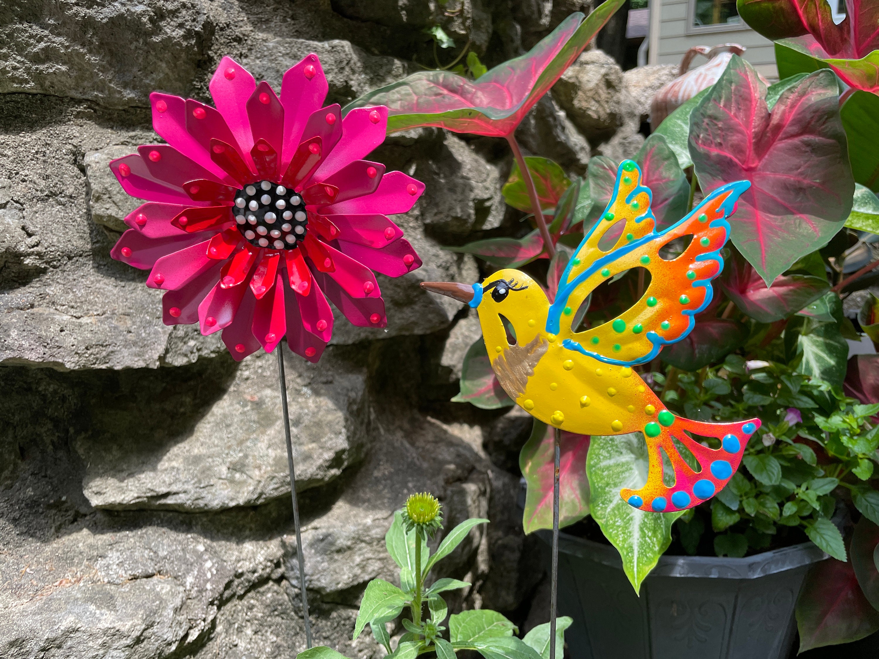 Hummingbird and Pink Flower Garden Stakes, Gift,Metal Yard Art,Garden ...