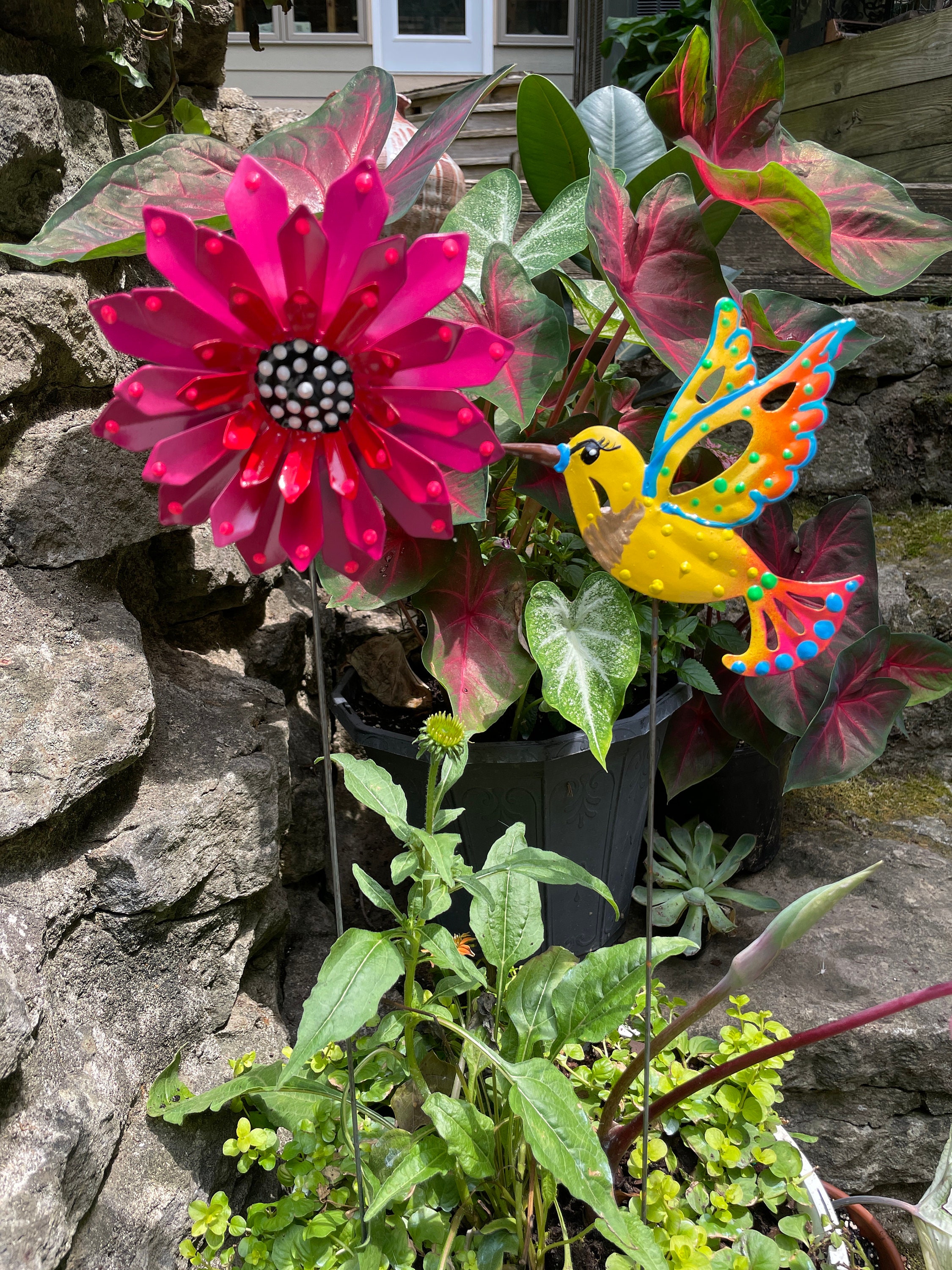 Hummingbird and Pink Flower Garden Stakes, Gift,Metal Yard Art,Garden ...