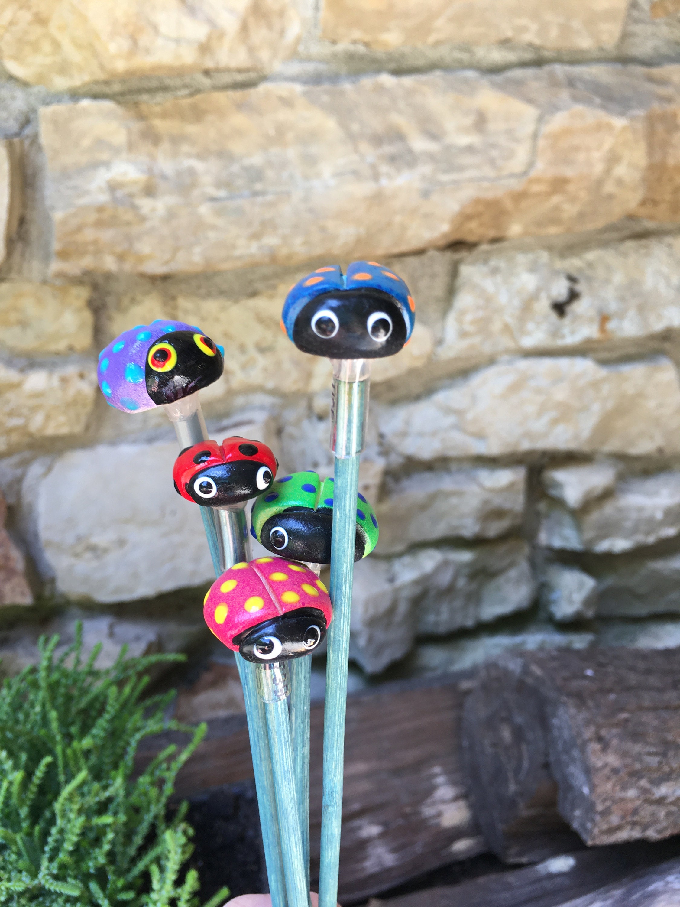 5 Ceramic Ladybug Garden Stakes, Ladybugs, Garden Stakes,Potted plants ...