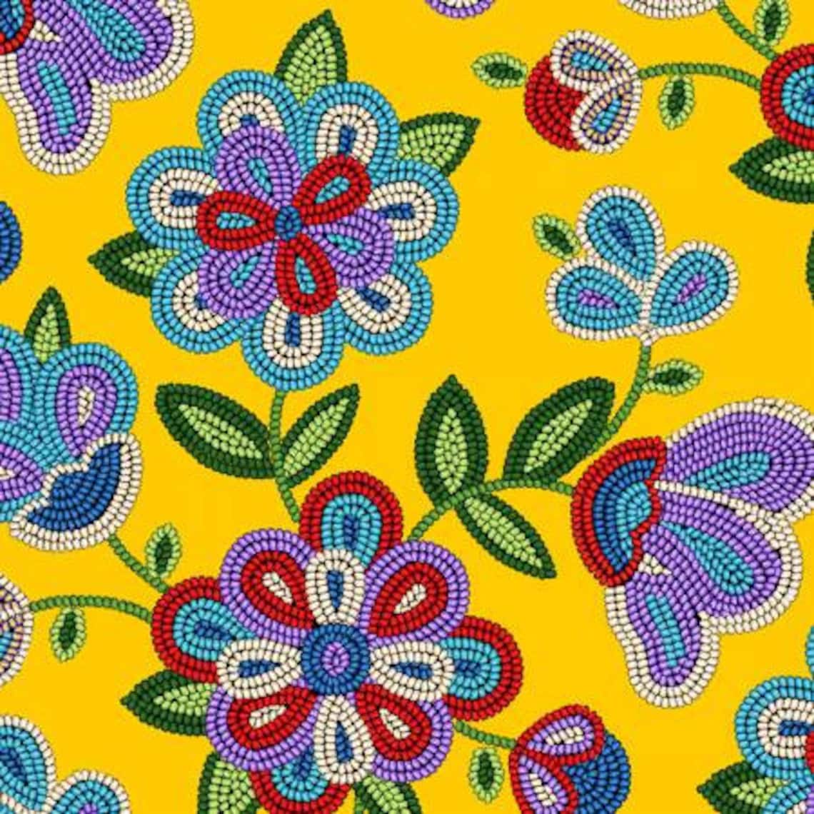 Native Beadwork Design Fabric With Sunshine Yellow Background. - Etsy