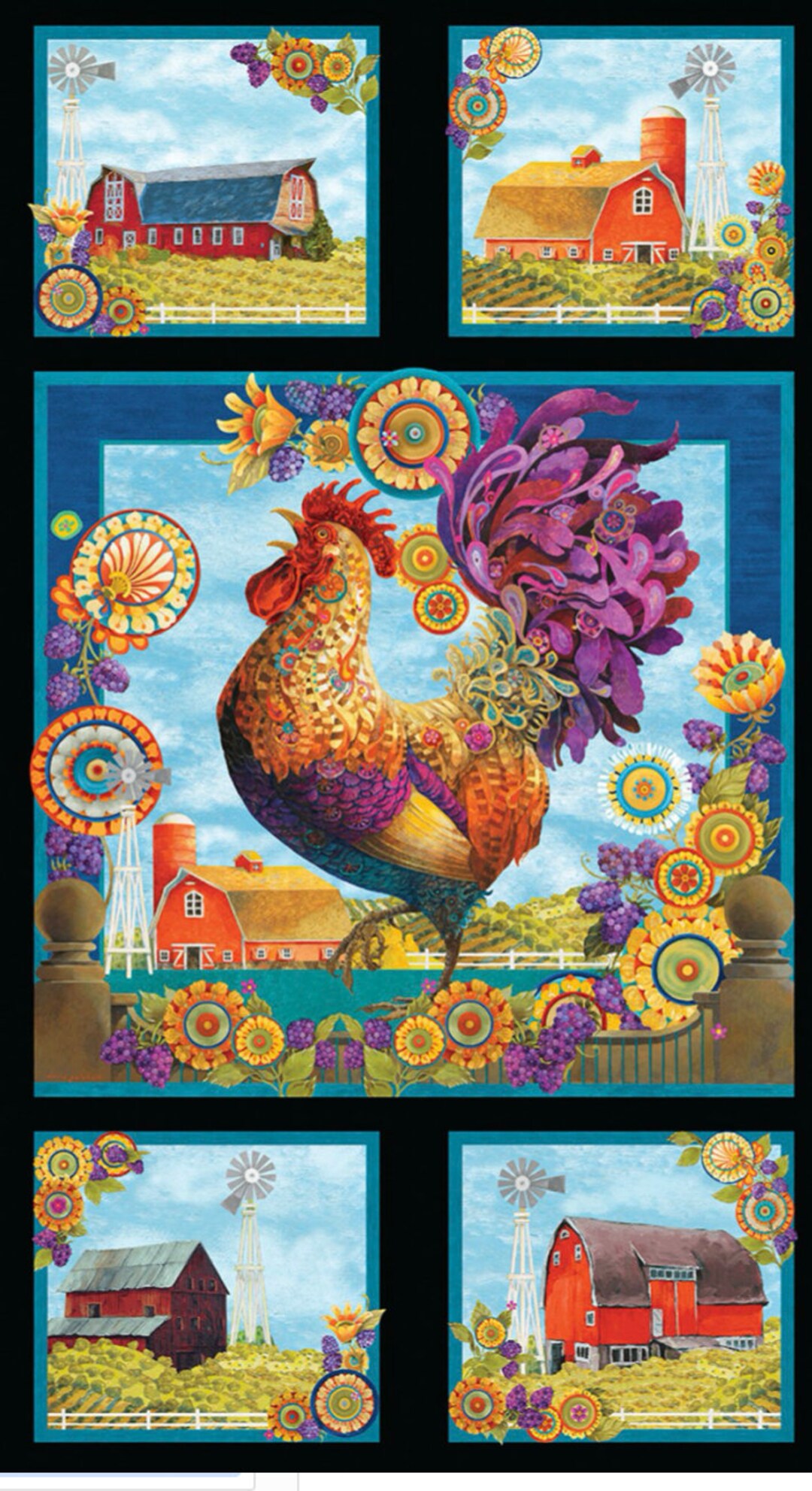 Rooster Panel With Crowing Rooster, Lively Colors and Four Barns. - Etsy
