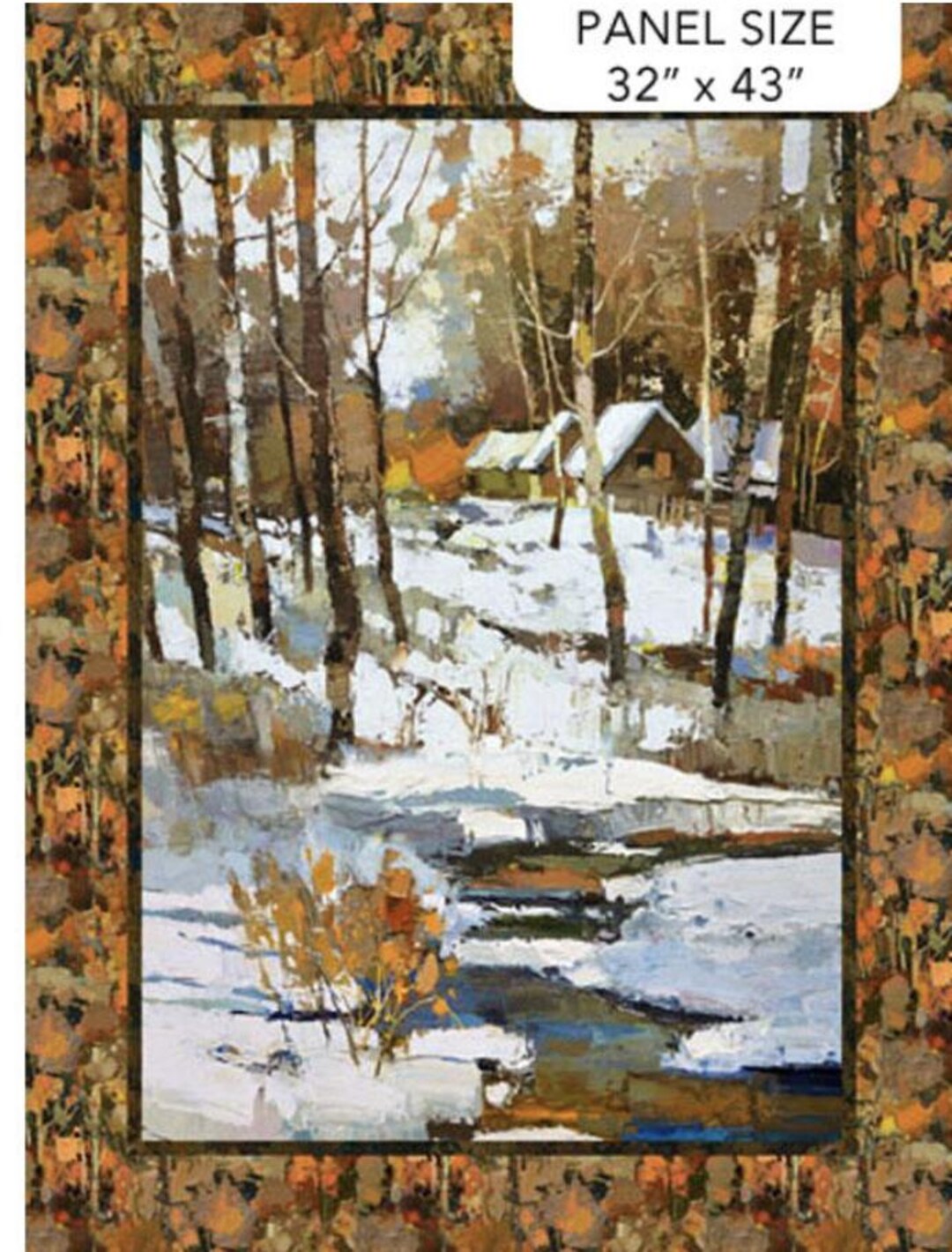 Northcott's "first Snow" Panel. Winter in the Woods. Cabin by a Creek ...