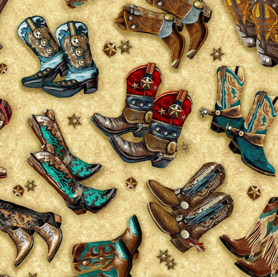 Cattle Drive Fabric With All Over Cowboy Boots From Oasis Fabric. - Etsy